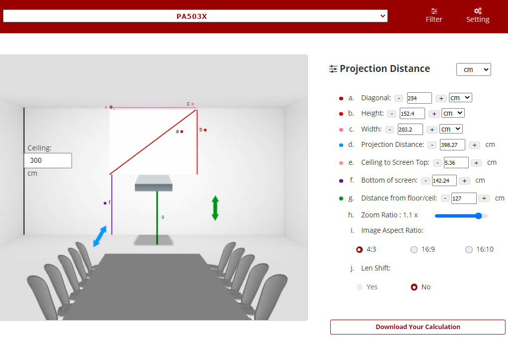 โปรแกรมคำนวนระยะฉาย Projector – Projectorworld